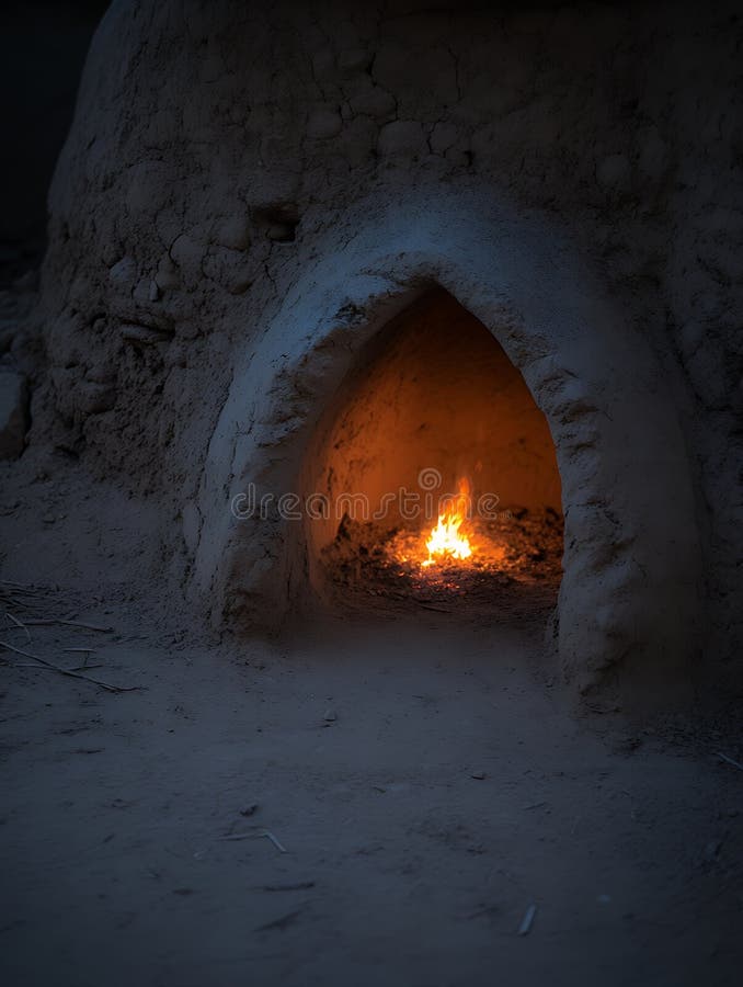 Close Up of a Small Fire Burning Inside a Mud Oven Structure with an ...
