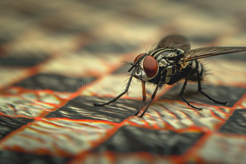 Close-up of a Small Fly on a Checkered Texture with Blurred Background ...