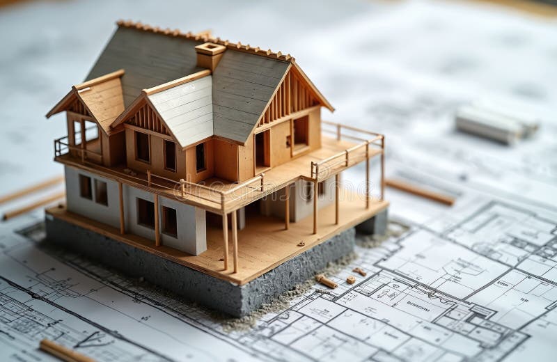 Close-up of Small House Model on Blueprint Plans, Presenting ...