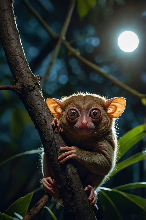 Adorable Tarsier Night Portrait: a Close-Up of a Tiny Primate on a ...