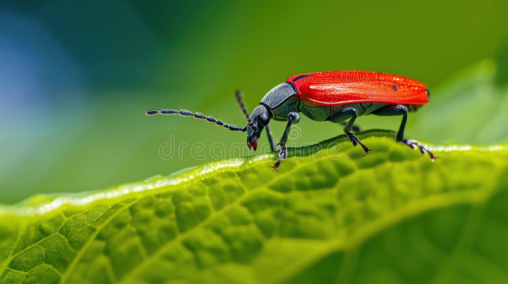 Close Up of a Small Red and Black Bug on the Edge of a Green Leaf from ...