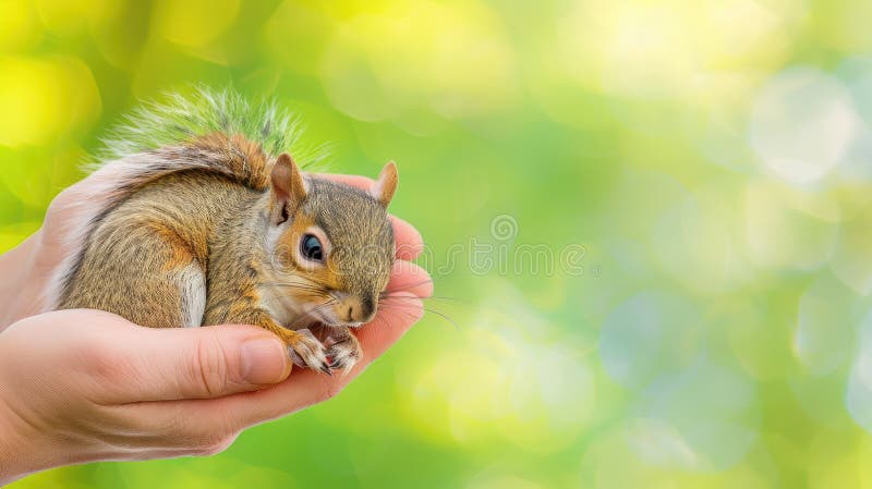 Close-up of a Small Squirrel Being Gently Held in Human Hands with a ...