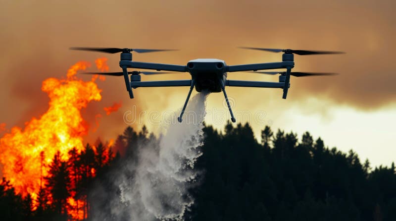 Close-up of a Small Unmanned Drone Watering a Forest Fire on the Left ...
