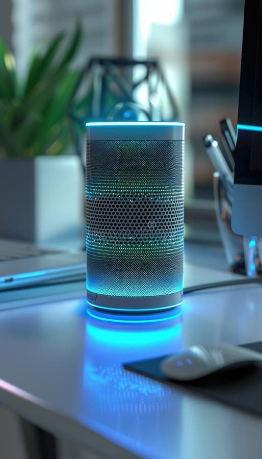 Smart Assistant Device on Minimalist Desk with Glowing Sound Waves for ...