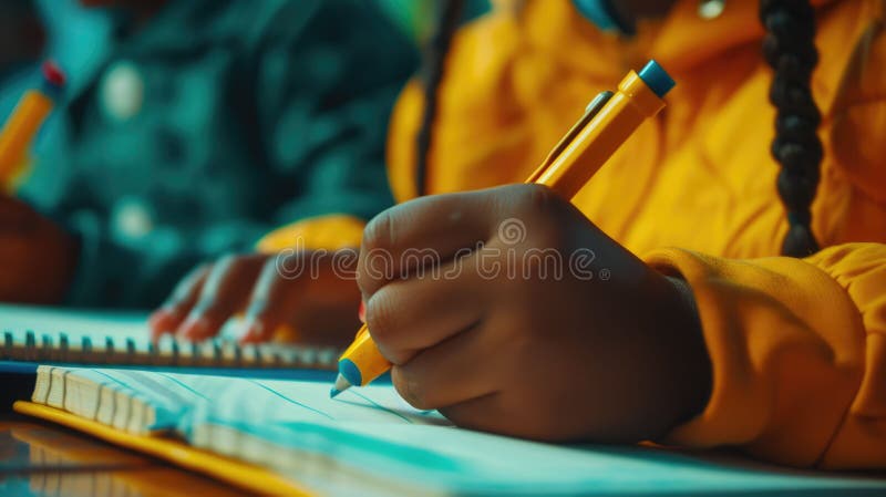 Close Up of Smart Diverse Children Hand Writing Classwork at Classroom ...