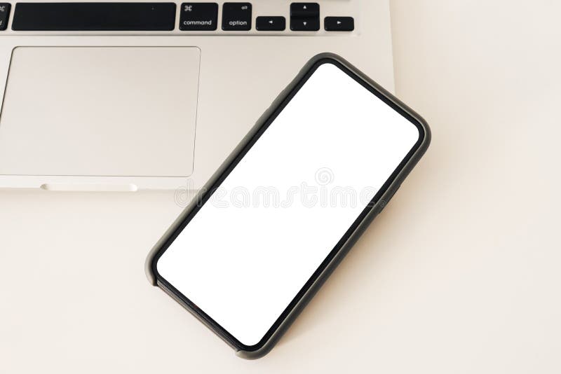 Close Up Smart Phone and Computer on White Table Top View. White Screen ...