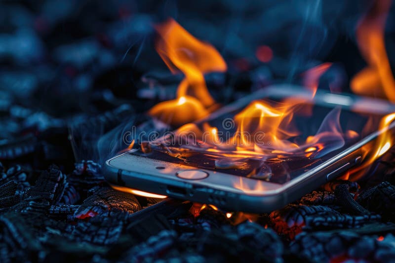 A Close Up of a Smart Phone in the Form of an Burn on Fire. Stock ...