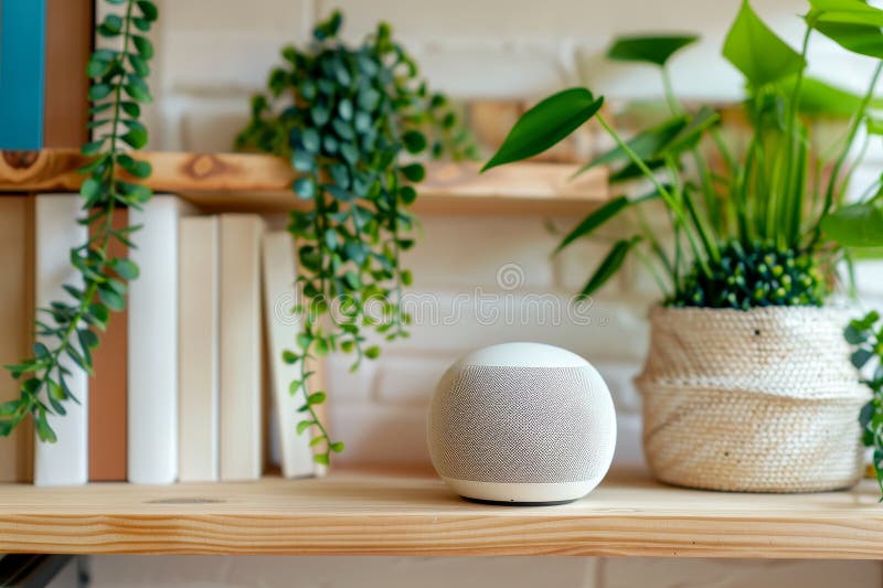 Close Up of Smart Speaker with Voice Assistant on Shelf for Enhanced ...