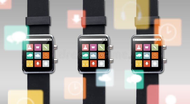 Close Up of Smart Watch with Menu Icons on Screen Stock Illustration ...