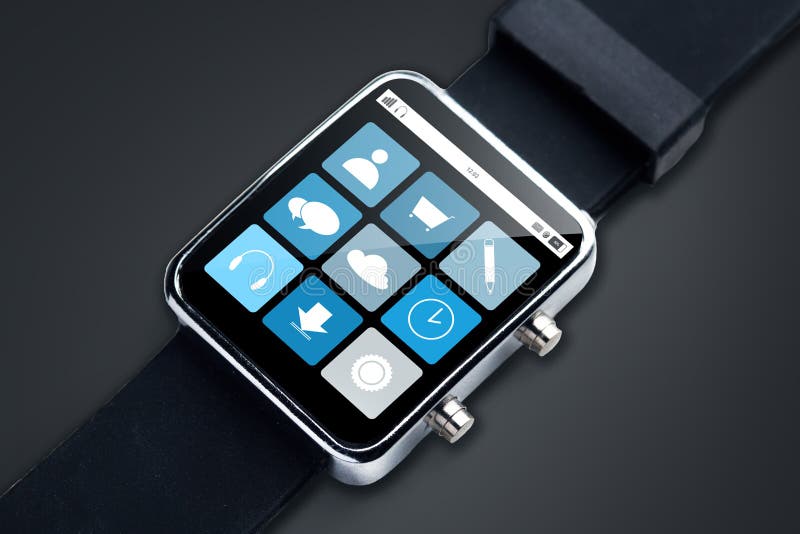 Close Up of Smart Watch with Menu Icons on Screen Stock Photo - Image ...