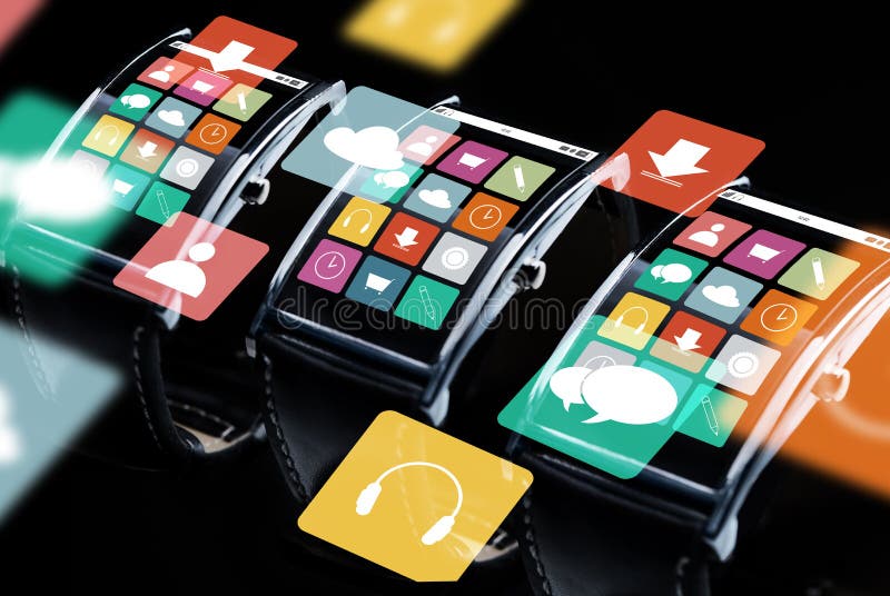 Close Up of Smart Watch Set with Menu Icons Stock Image - Image of icon ...