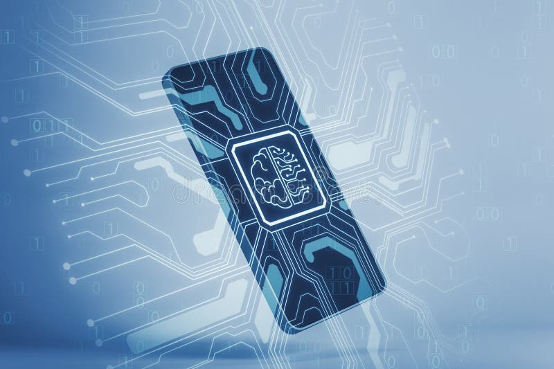 Close Up of Smartphone with Abstract Brain and Binary Code Circuit on Blurry Background. Chip ...