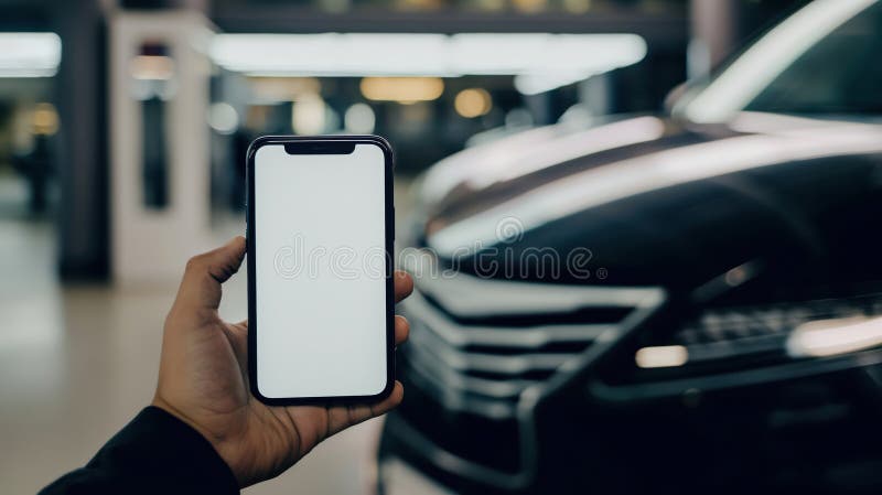 Close-up of Smartphone with Blank Screen in Car Dealership Setting ...
