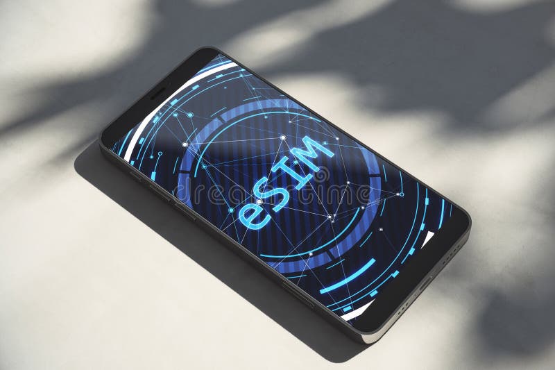Close Up of Smartphone with Creative Glowing ESim Hologram on Concrete ...