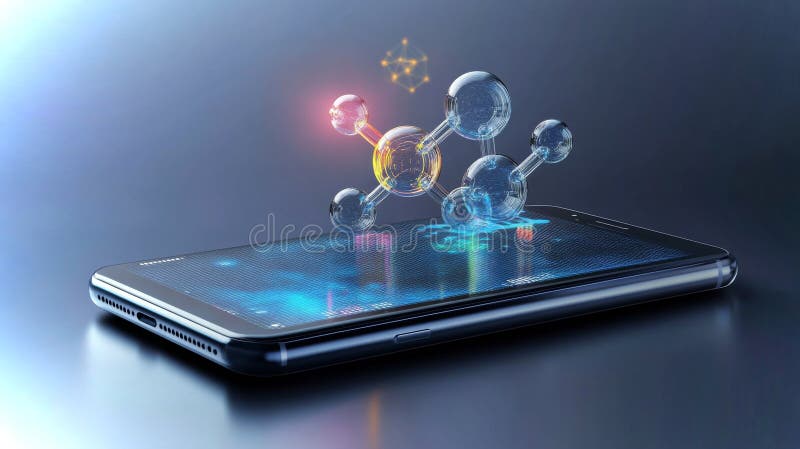 Hyper-realistic Macro Render of a Smartphone Displaying a Miniature Molecular Structure Stock ...