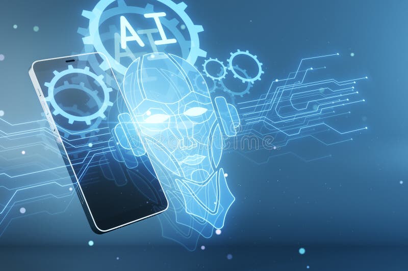 Close Up of Smartphone with Glowing Robot Head and Icons on Backdrop ...
