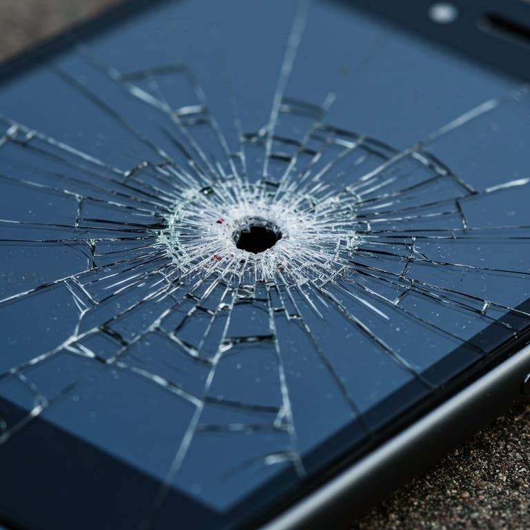 Close-up of a Smartphone with a Shattered Screen, Showing a Circular ...