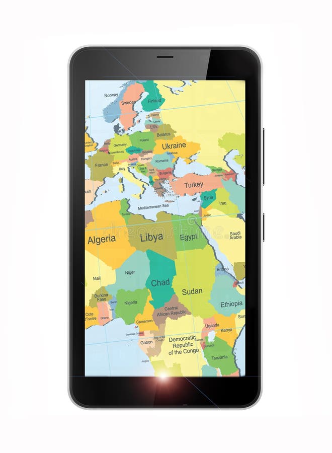 Close Up of Smartphone with World Map Isolated on White Stock ...