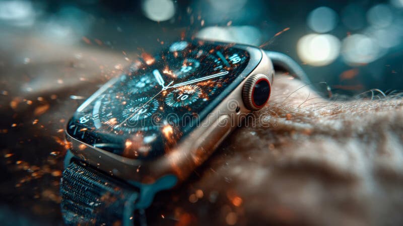 Close-up of a Smartwatch with Dynamic Glowing Sparks, Worn on a Wrist ...