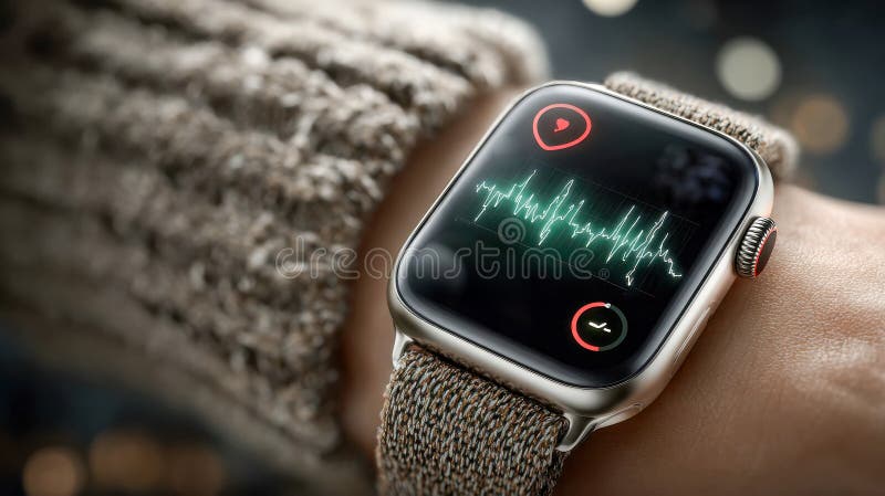 Close-up of a Smartwatch on a Wrist Displaying a Glowing Heart Rate ...