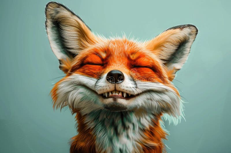 Close-Up of a Smiling Fox with Closed Eyes Against Neutral Background ...