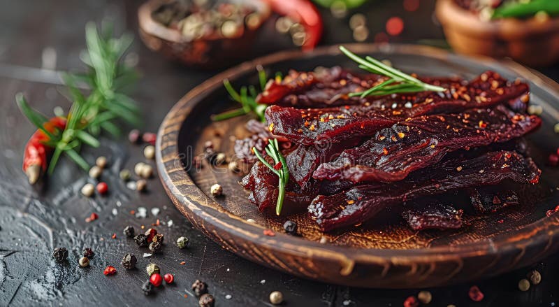 Close-up of Smoked Beef Jerky with Spices Stock Image - Image of rustic ...