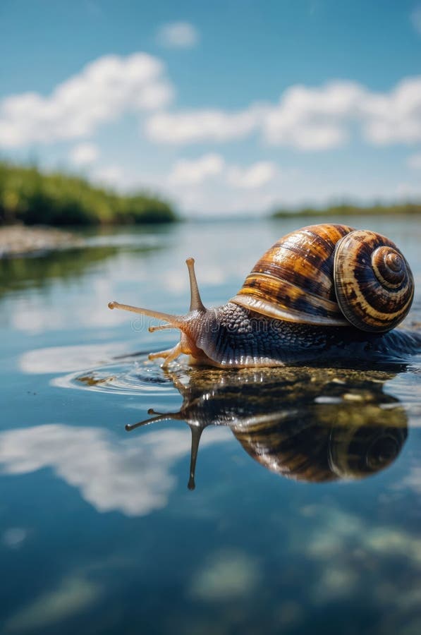Giant Snail Crawling on Rock by Calm Water Under Sunny Sky Stock ...