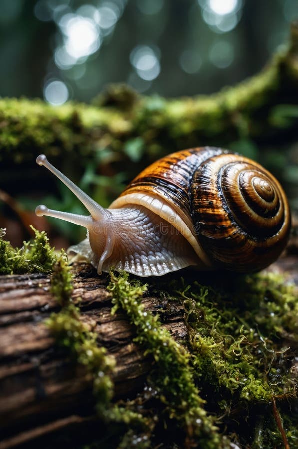 Giant Snail Crawling on Mossy Log in Rainforest Stock Illustration ...