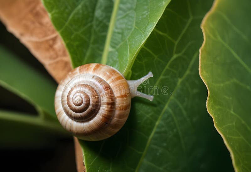 A Close-up of a Snail Shell on a Green Leaf Stock Illustration ...