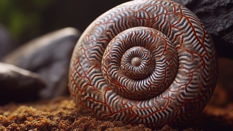 A Close Up of a Snail Shell on the Ground with Rocks in the Background ...