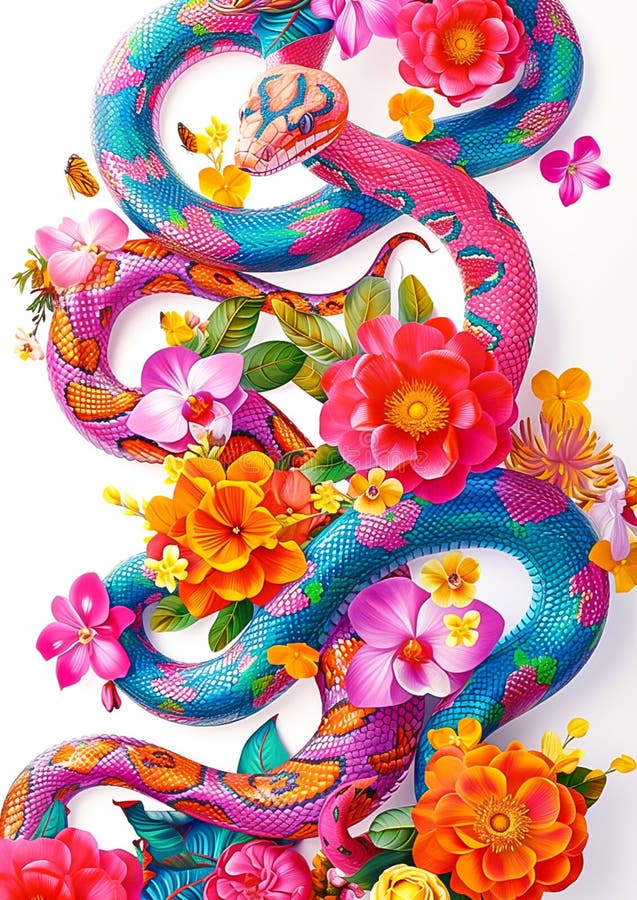 A Close Up of a Snake with Flowers on a White Background Stock ...
