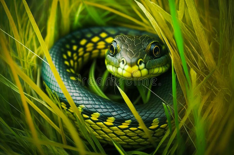Close Up of Snake in Grassy Area with Yellow Stripe on it S Head ...