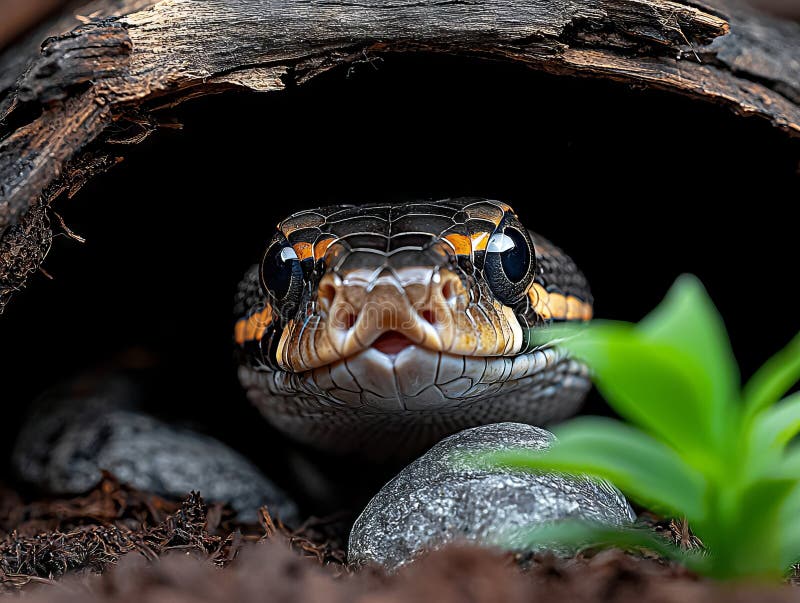 A Close Up of a Snake Peeking Out of a Hole in a Tree Stock Photo ...