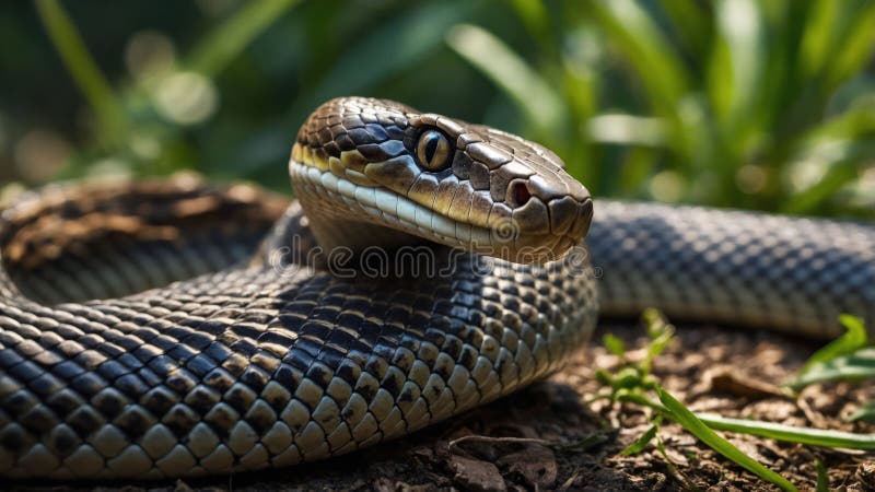 A Close-up of a Snake Resting on the Ground Amidst Green Foliage Stock ...