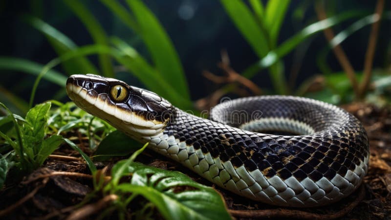 A Close-up of a Snake Resting on the Ground Amidst Green Foliage Stock ...