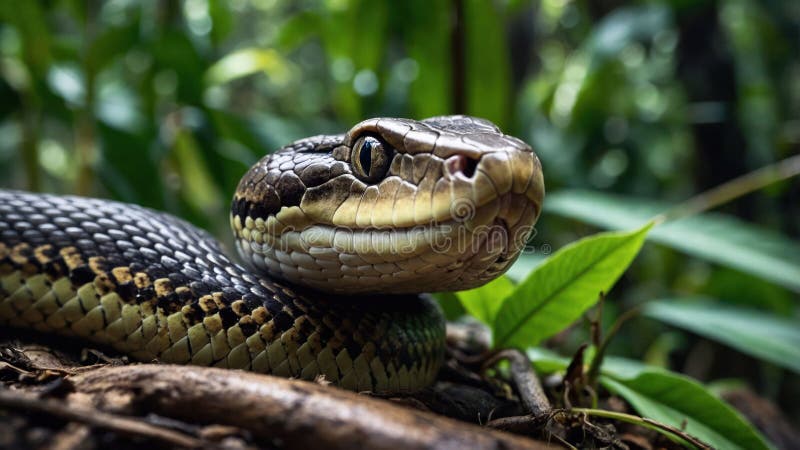 A Close-up of a Snake Resting on the Ground in a Lush, Green ...