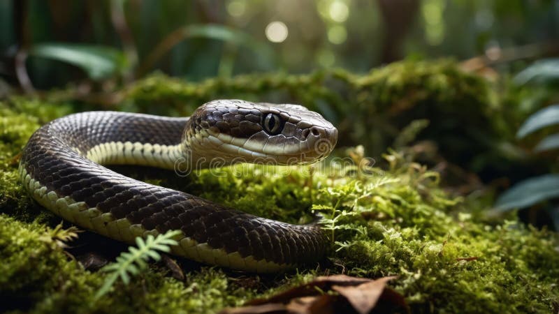 A Close-up of a Snake Resting on Moss in a Lush Forest Environment ...
