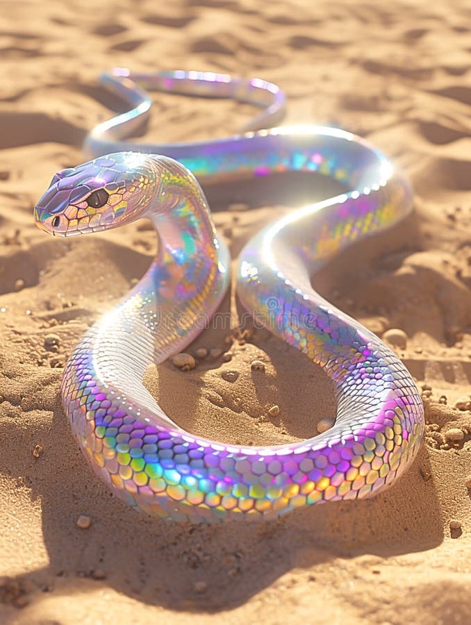 A Close Up of a Snake on a Sandy Surface with a Rainbow Colored Tail ...