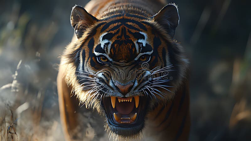 Close-up of a Snarling Tiger in a Dimly Lit Environment Stock ...