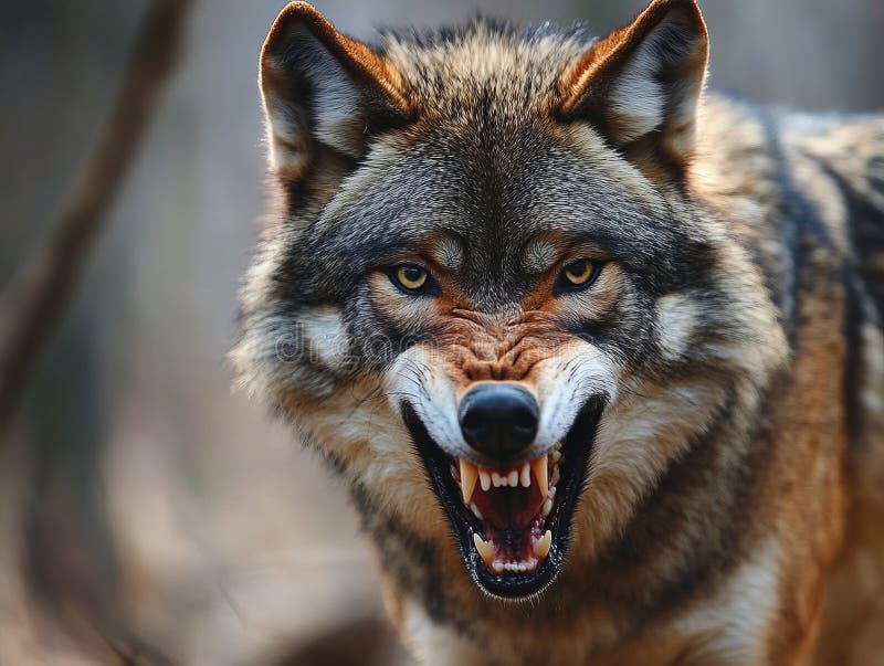 Close-up of a Snarling Wolf Baring Its Teeth, Showcasing Aggression and ...