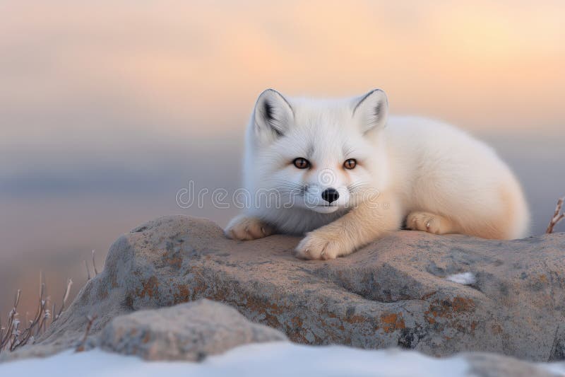 Close Up of a Snow Fox Sitting on a Rock in Winter Stock Illustration ...