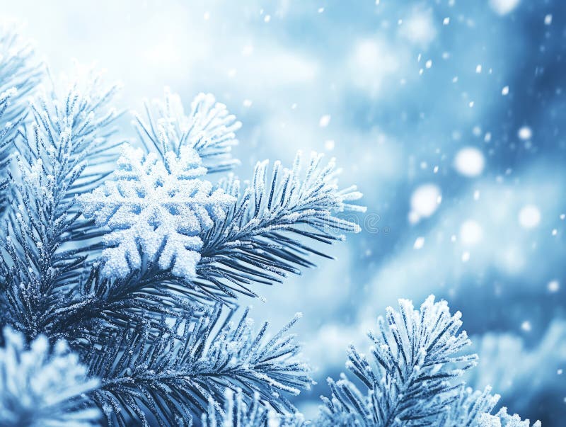 Close Up of Snowflake Resting on Pine Tree Branch during Snowfall Stock ...
