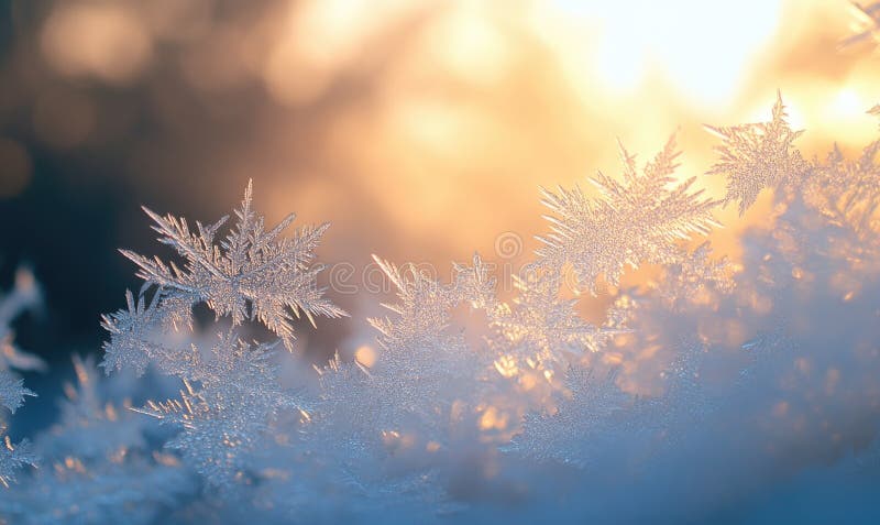 A Close Up of Snowflakes with a Bright Sun in the Background Stock ...