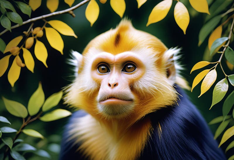 Close-Up of Snub-Nosed Monkey in Lush Foliage Stock Illustration ...