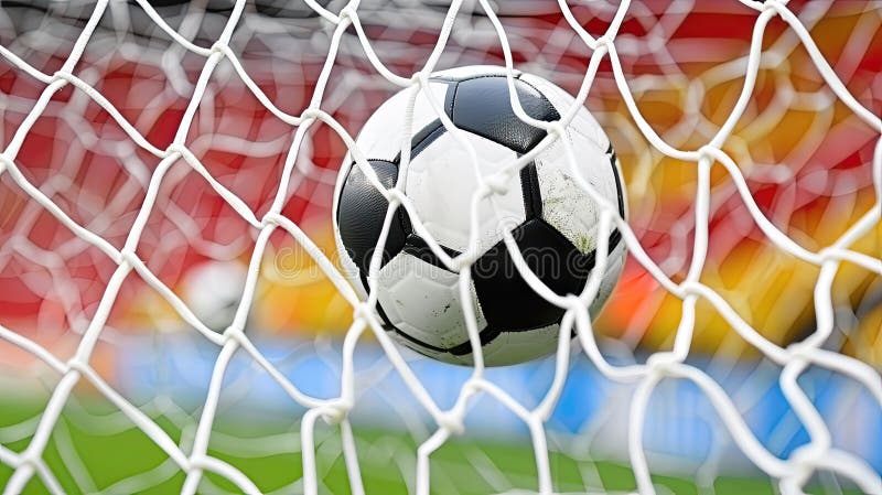 Close-up of a Soccer Ball in the Net with Stadium Background. Stock ...
