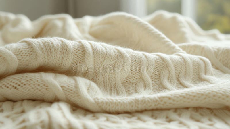 Close-up of a Soft, Cream-colored Knitted Blanket with a Cable Knit ...