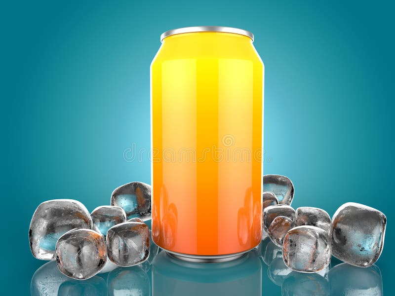 Close Up of Soft Drink Can with Ice. on Blue Background. 3d ...