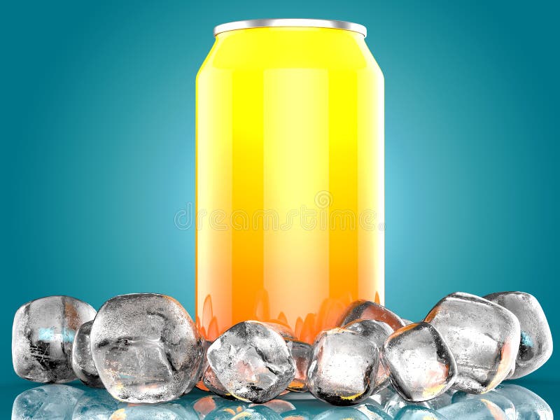 Close Up of Soft Drink Can with Ice. on Blue Background. 3d ...