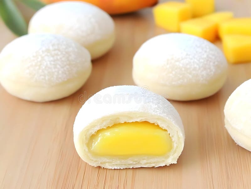 A Close-up of Soft, Round Pastries Filled with Mango Custard and Dusted ...