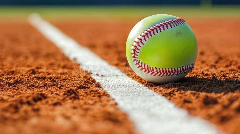Close-up of a Softball Resting on the Chalk Line, with the Infield Dirt ...